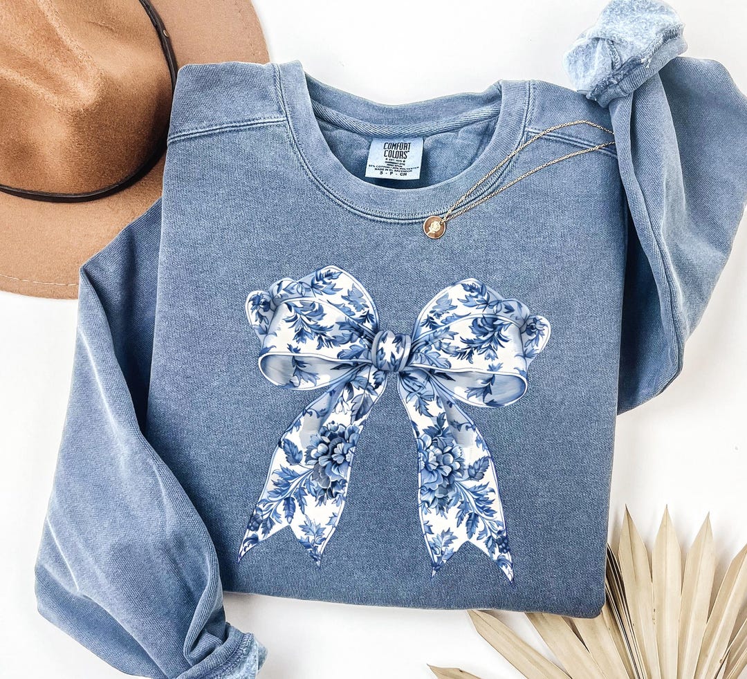 Comfort Colors®cute Blue Toile Bow Trendy Sweatshirt, Comfort Colors ...