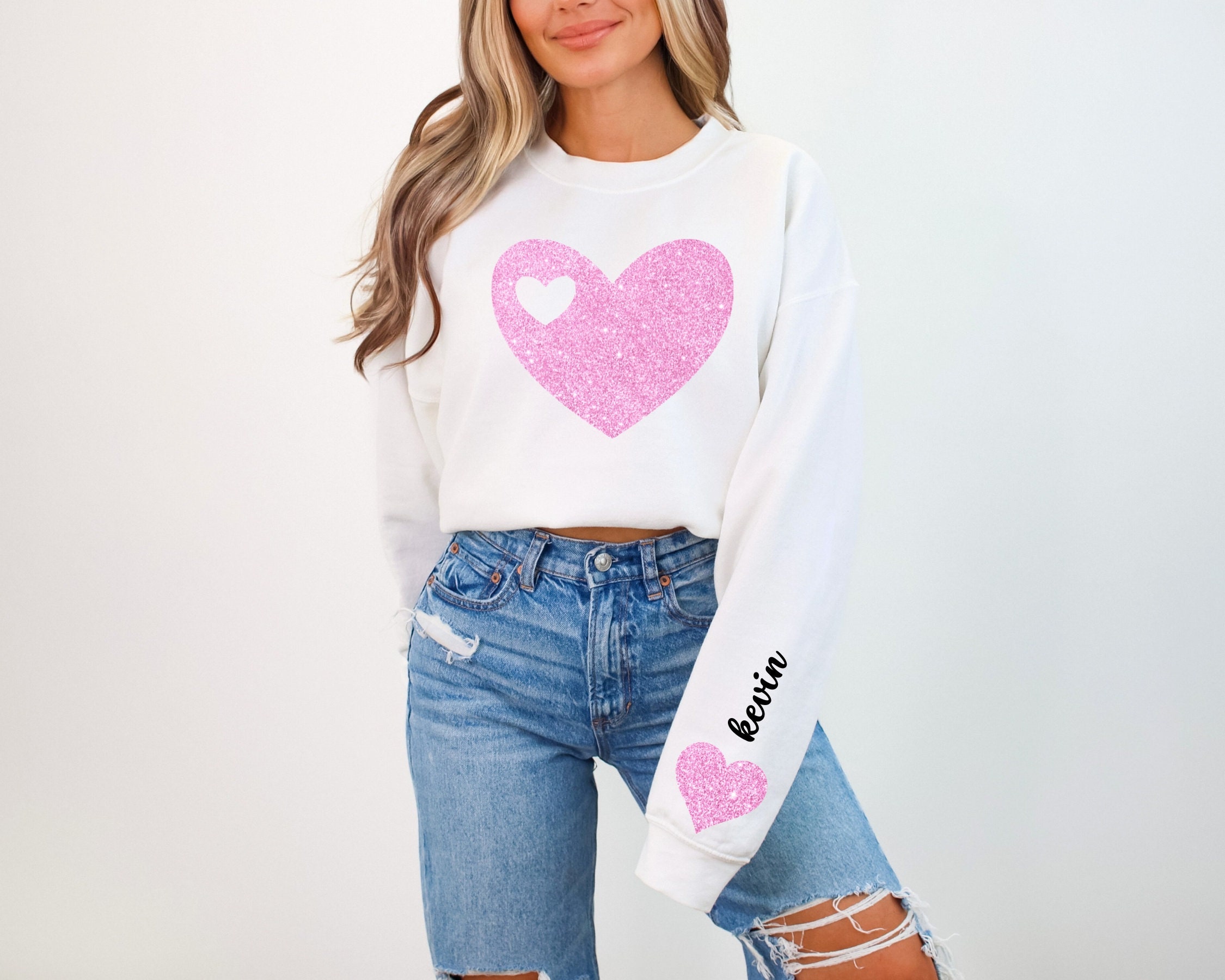 Sparkly Glitter Pink Hearts With Custom Name Valentine Day Sweatshirt ...