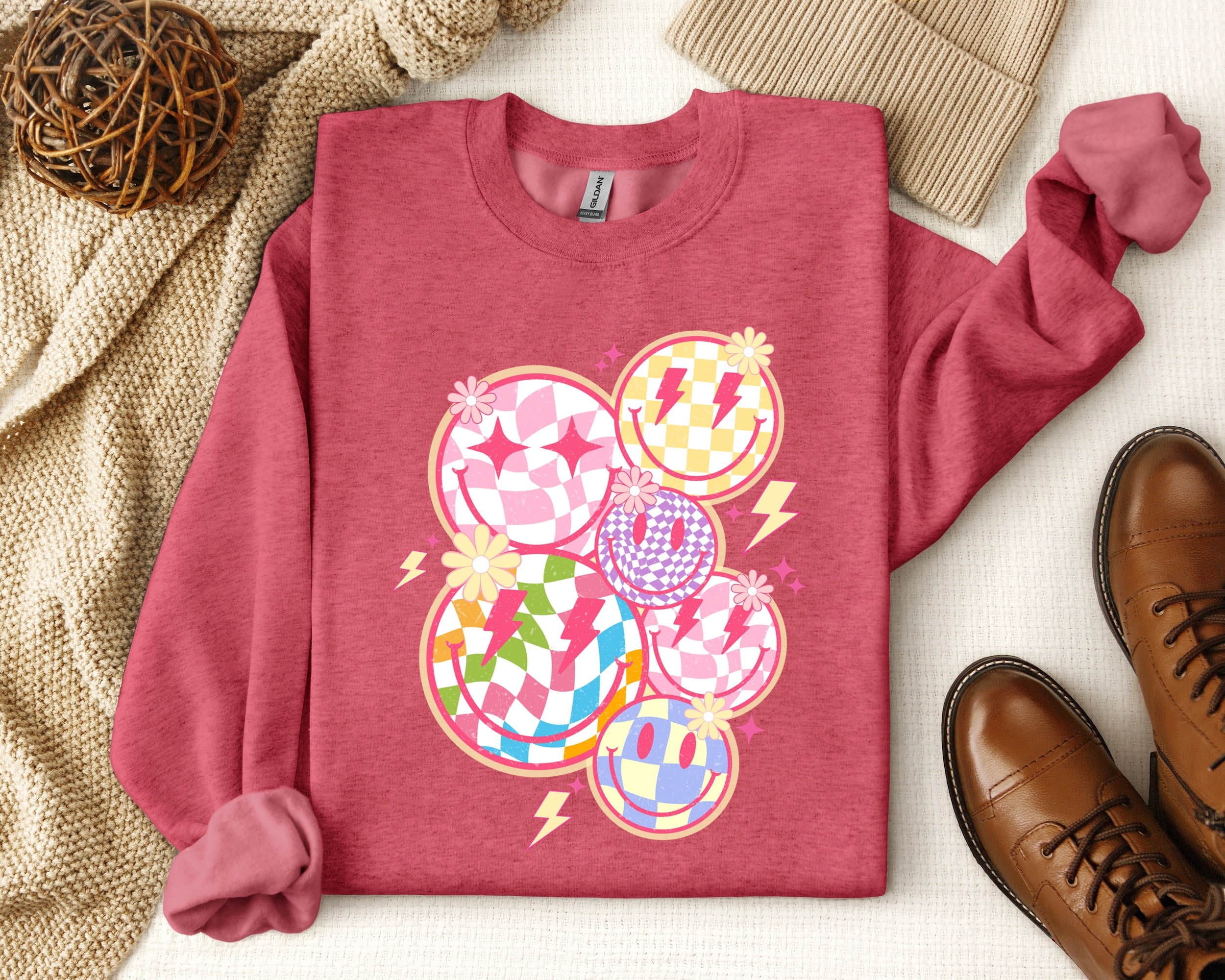 Trendy Checkered Smiley Face Sweatshirt, Checkered Smiley Face Sweater ...