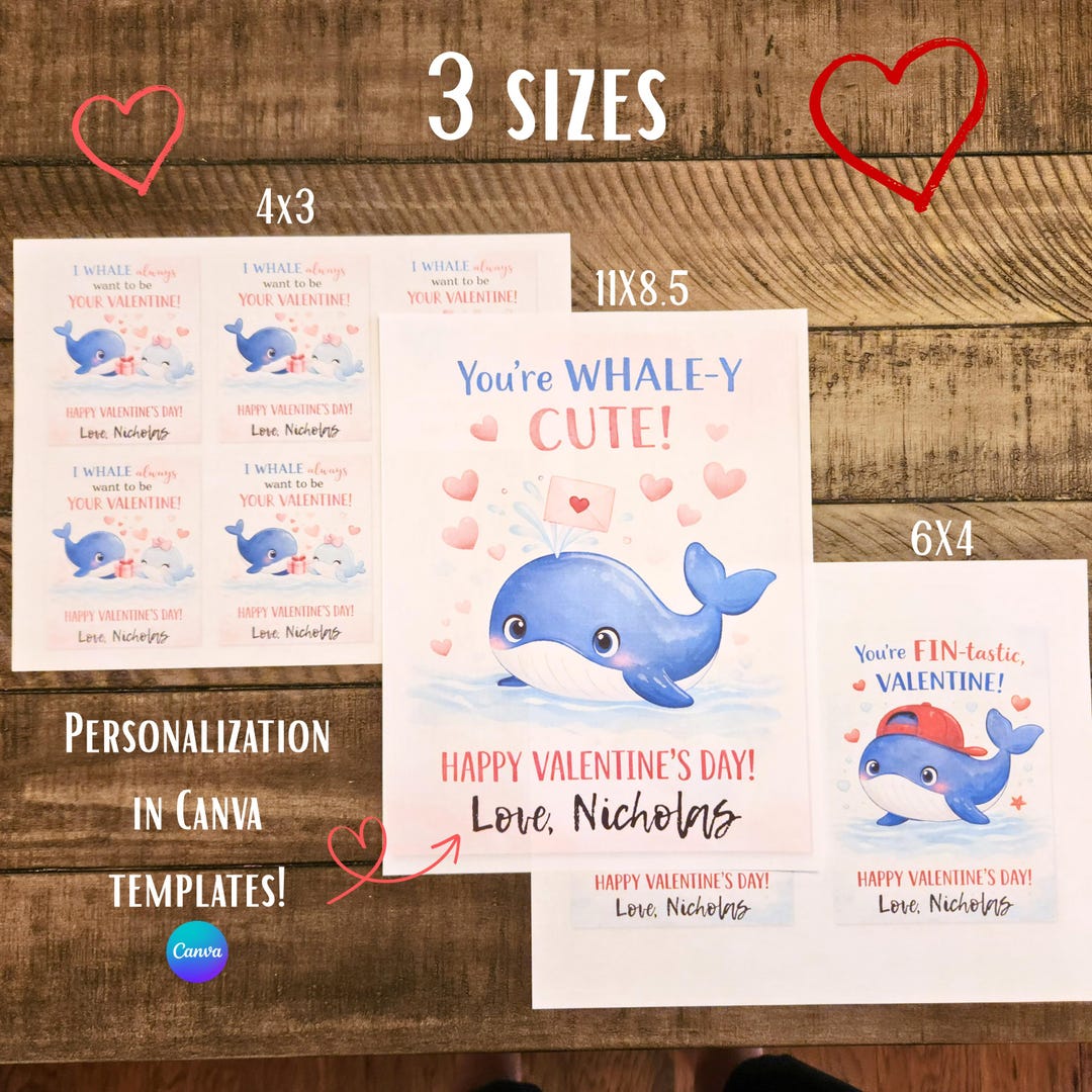 Whale Valentine Cards for Kids Printable | Editable Canva Valentine ...