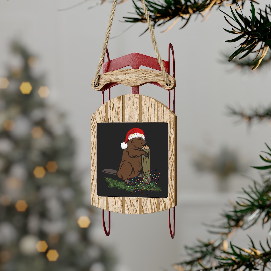 Cute Beaver Sled Ornament Chewed Christmas Tree Fun Funny Holiday Decor ...