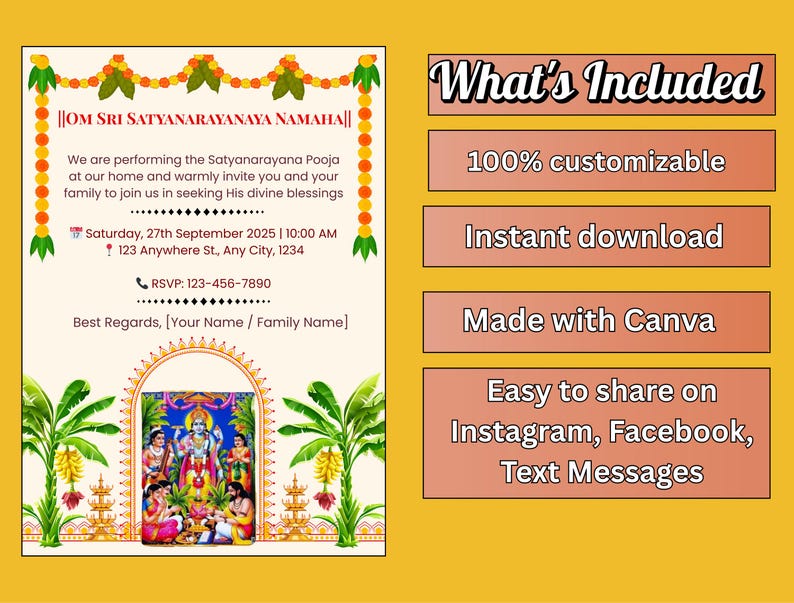 Editable Satyanarayana Pooja Invitation | Hindu Puja Digital Card ...