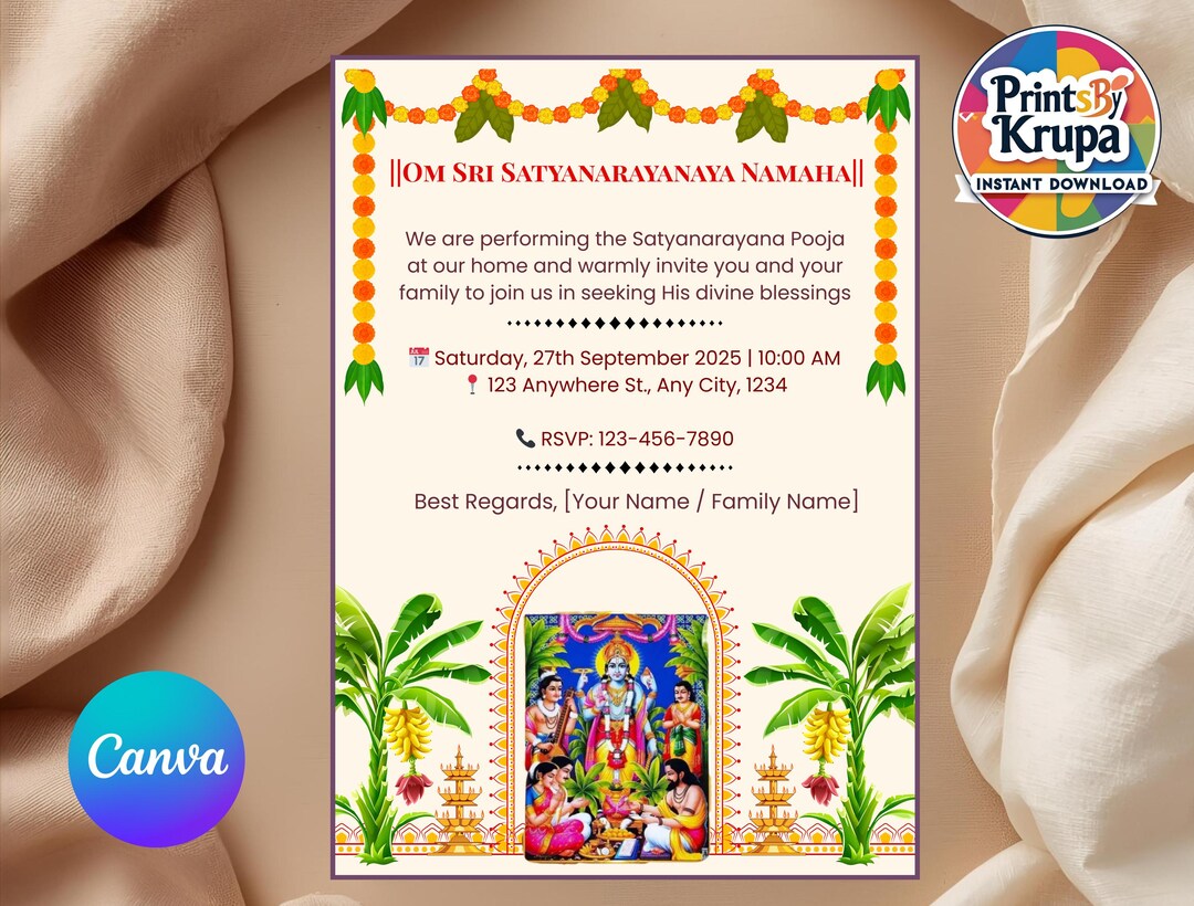 Satyanarayana Pooja Invitation: Hindu Ceremony Digital Card (canva Pro ...