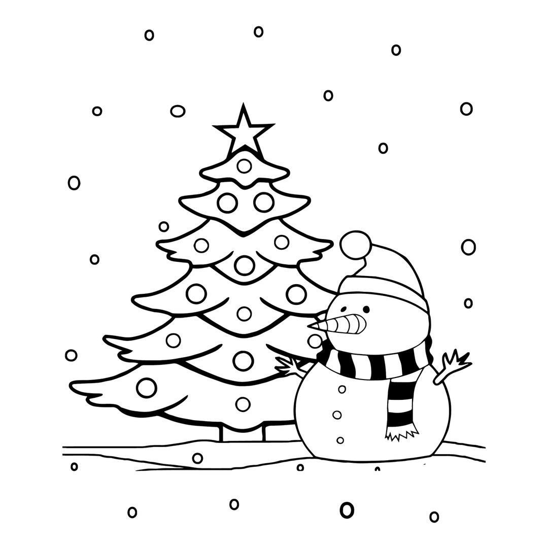 Snowman With Christmas Tree Coloring Page, Digital Download, Cute ...