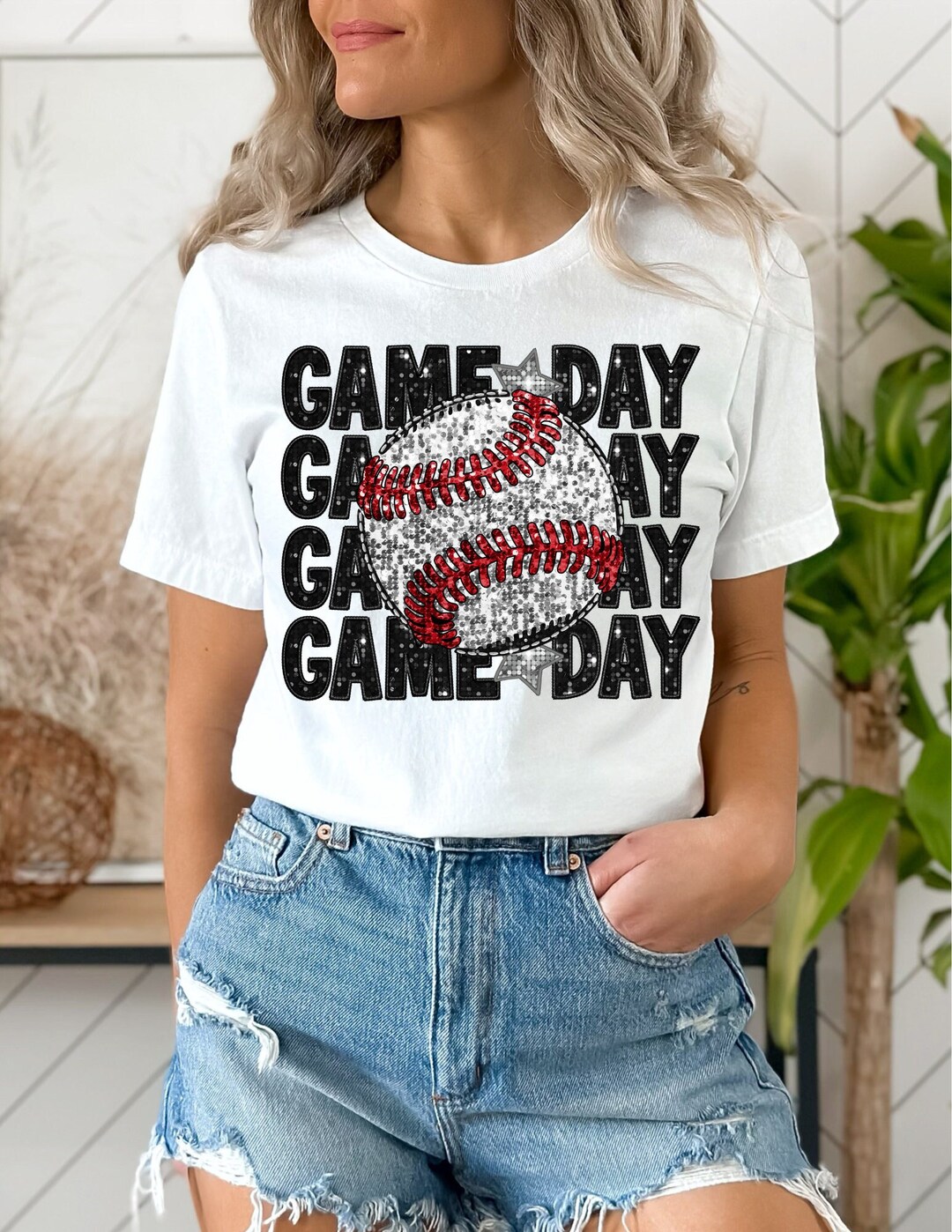 Faux Glitter Baseball T Shirt, Game Day Baseball T Shirt, Faux Sequin Baseball Shirt, Sparkly ...