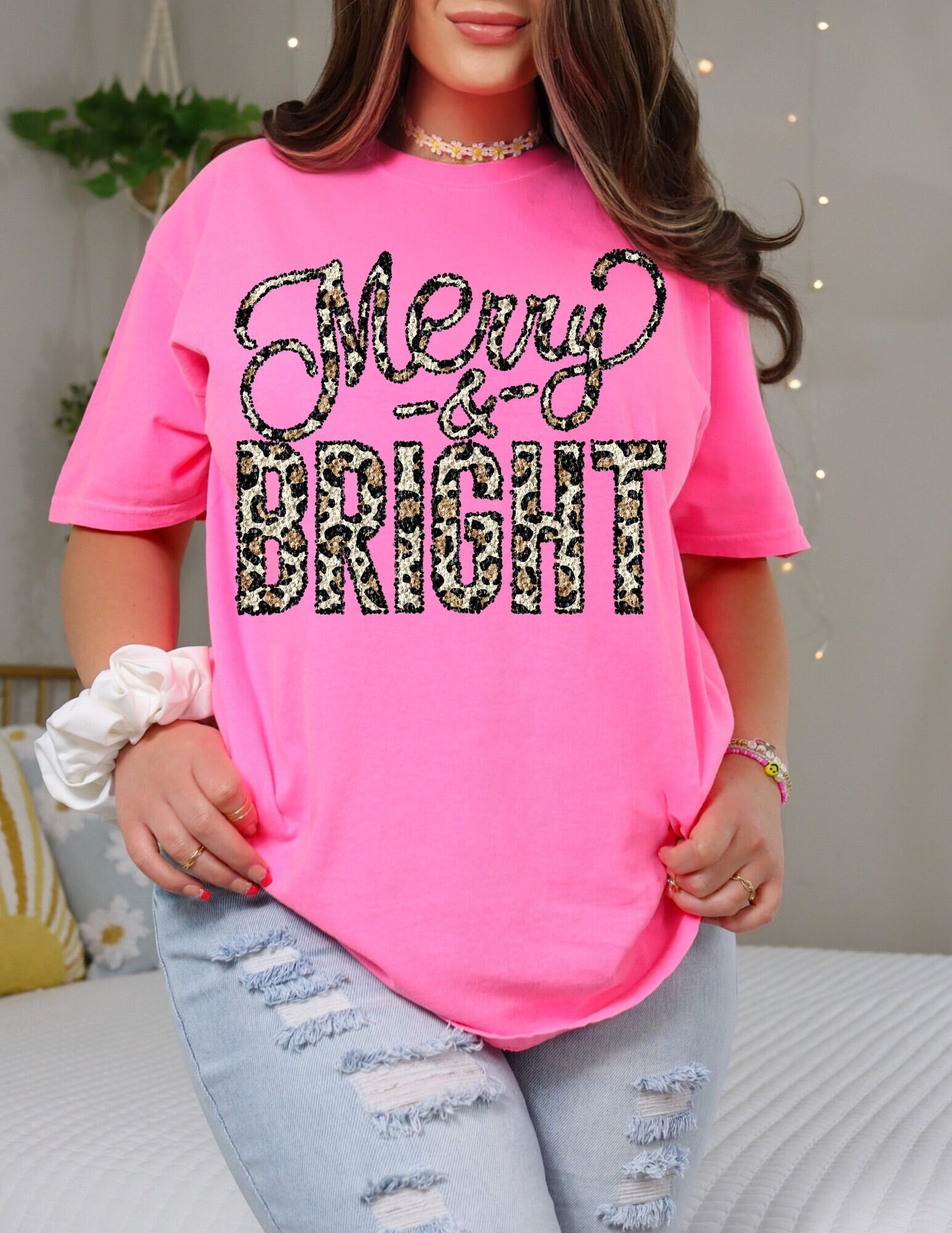 Faux Sequin Effect Merry and Bright Shirt, Leopard Christmas Shirt ...