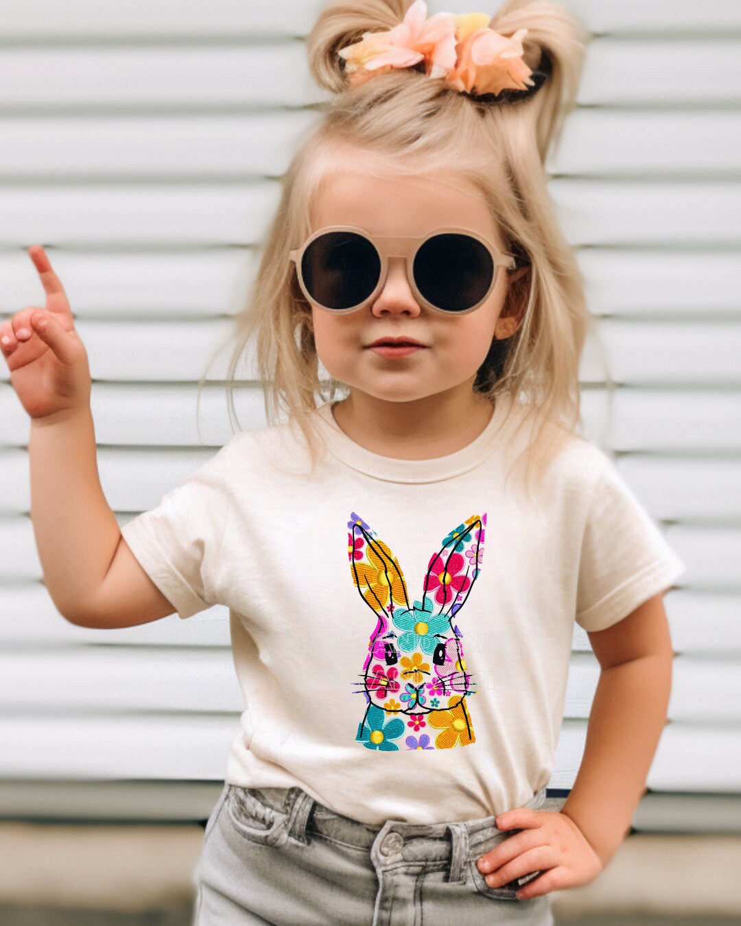 Faux Embroidery Effect Easter Girl's Shirt, Floral Easter Bunny Girls ...