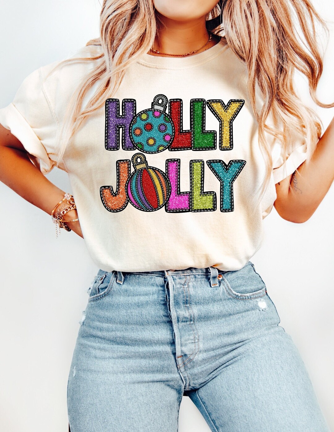 Faux Glitter Effect Holly Jolly Shirt, Christmas Faux Sparkle Shirt ...