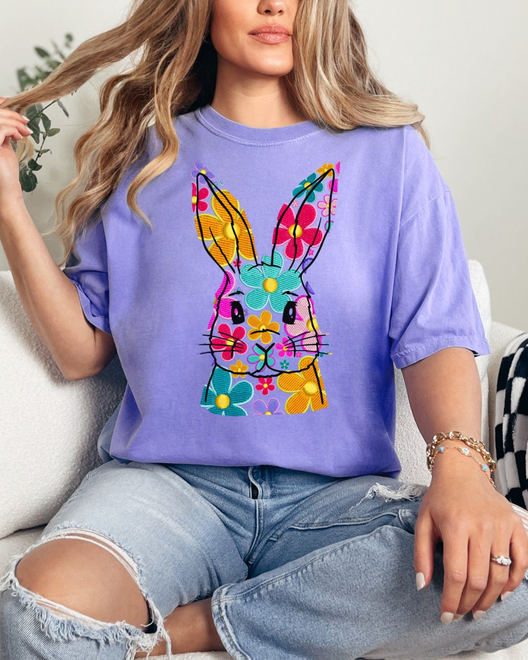 Faux Embroidery Effect Easter Girl's Shirt, Floral Easter Bunny Girls ...