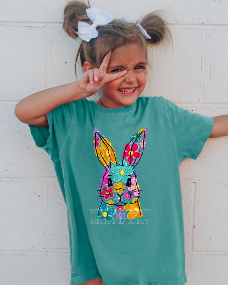 Faux Embroidery Effect Easter Girl's Shirt, Floral Easter Bunny Girls ...