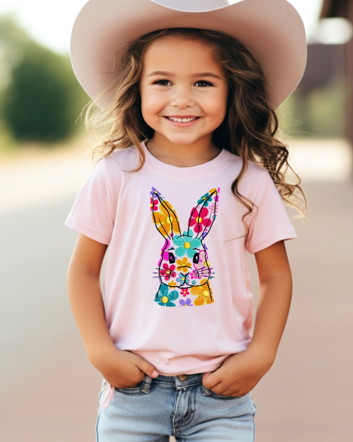 Faux Embroidery Effect Easter Girl's Shirt, Floral Easter Bunny Girls ...