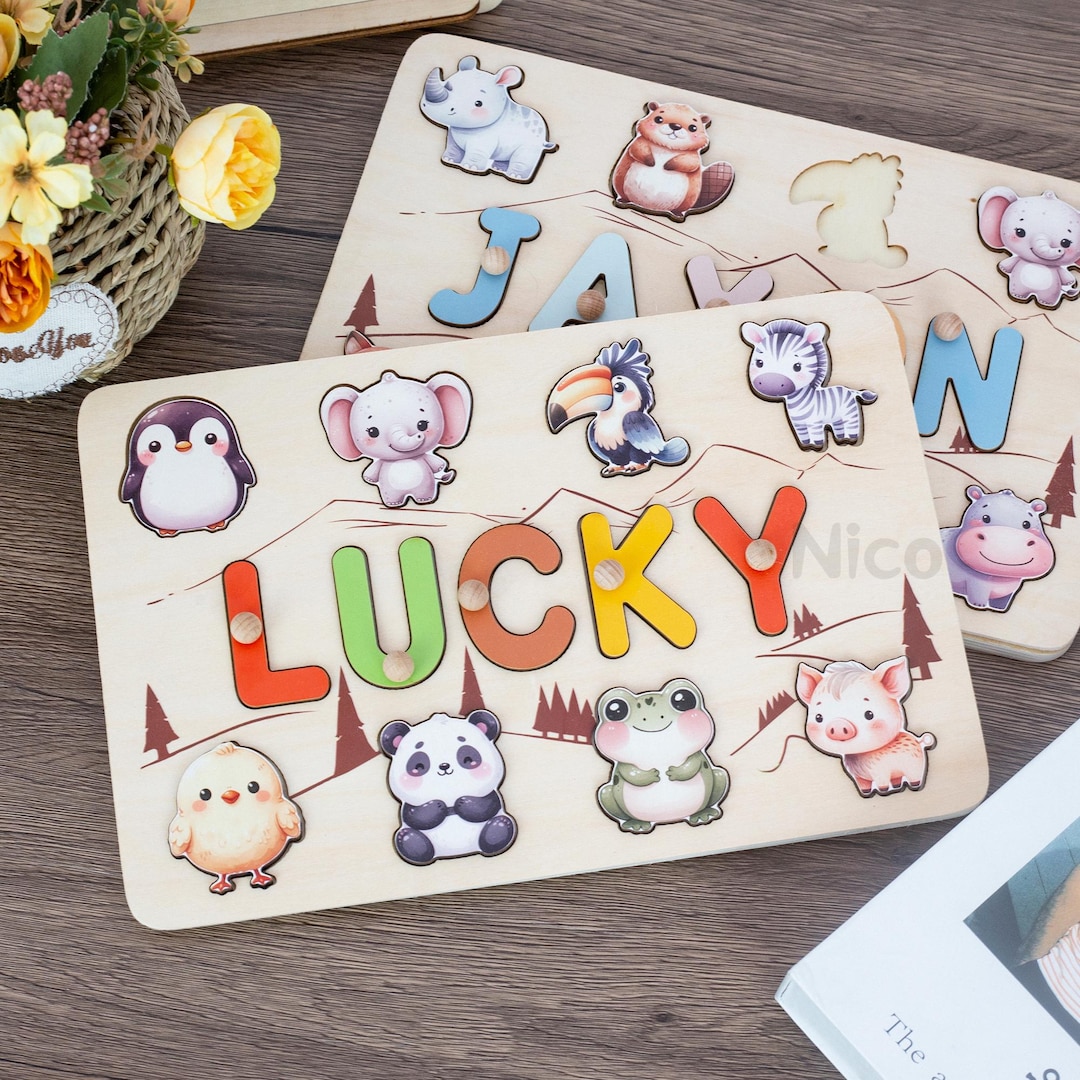 Custom Name Puzzle With Animals,girls and Boys First Birthday,wooden ...