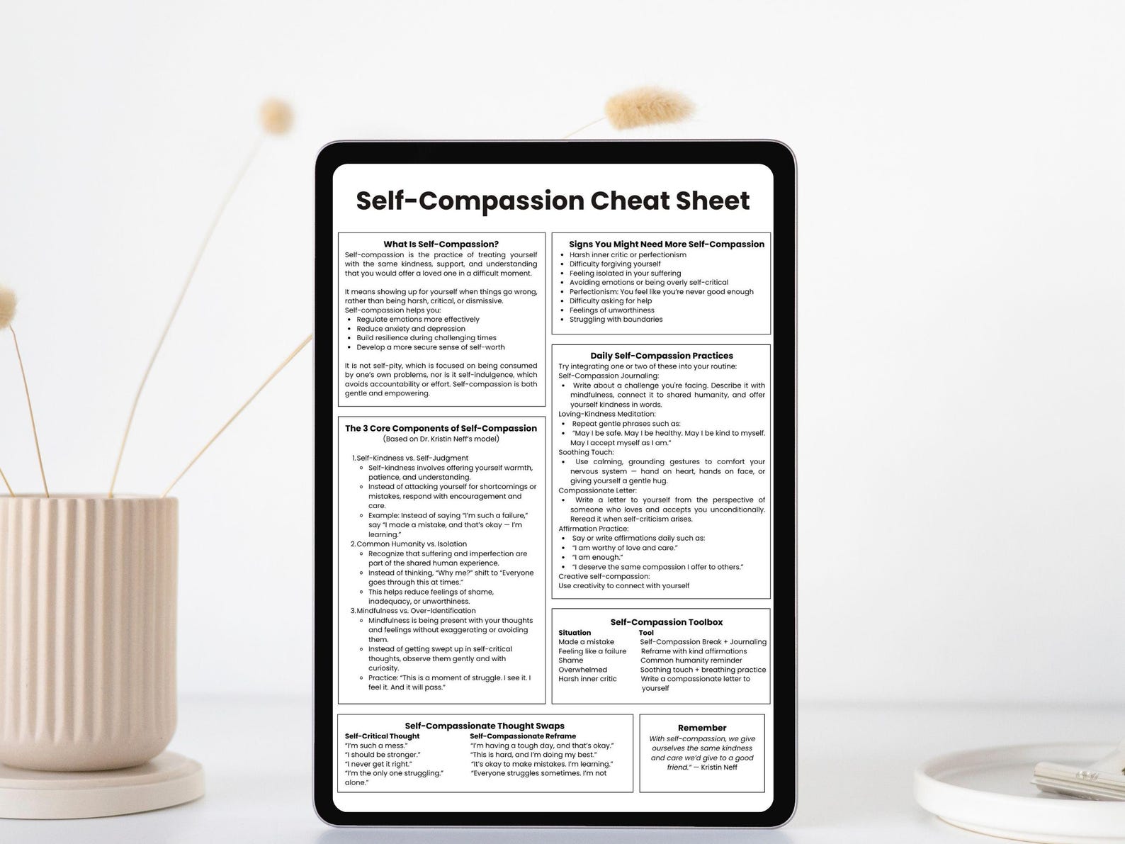 Self-compassion Cheat Sheet: Therapy Worksheet, Mental Health Printable ...