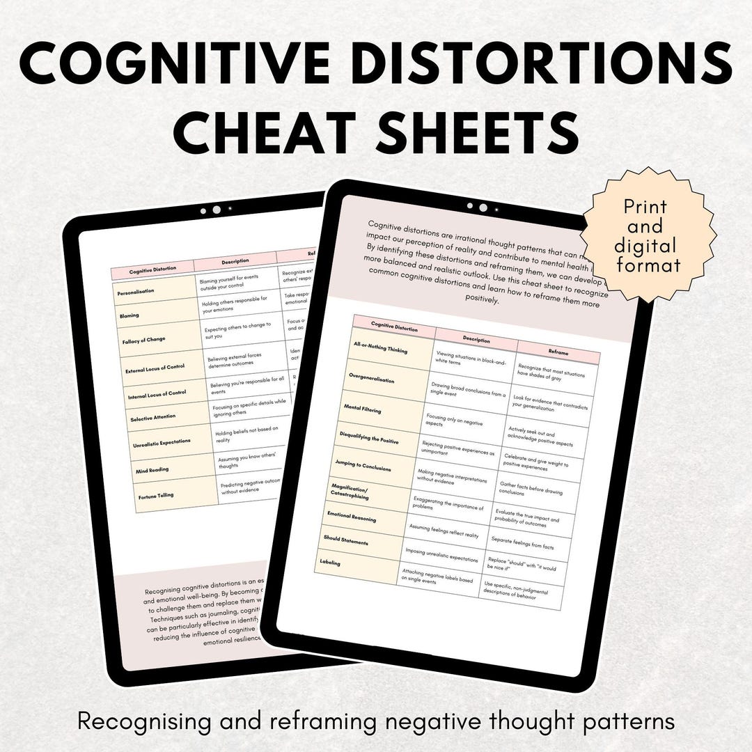 Cognitive Distortions Cheat Sheet, Cognitive Distortions Worksheets ...