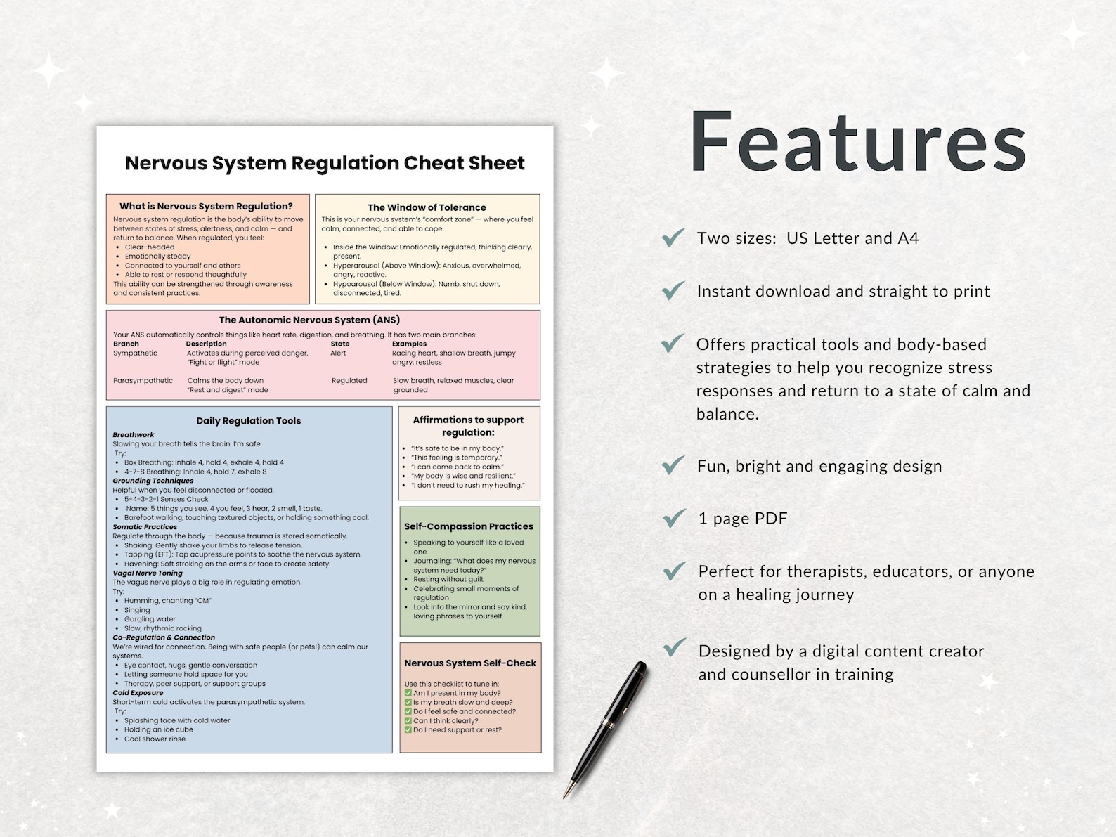 Nervous System Regulation Cheat Sheet, Polyvagal Theory Worksheet ...