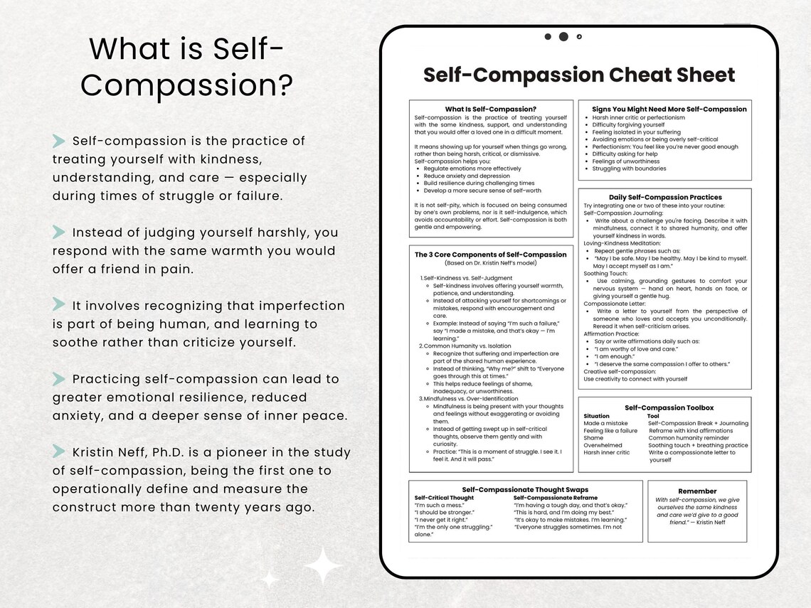 Self-compassion Cheat Sheet: Therapy Worksheet, Mental Health Printable ...