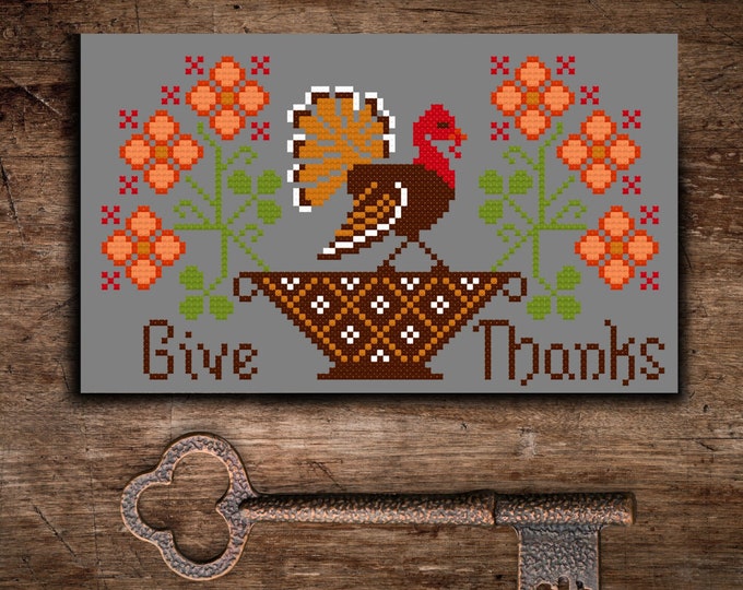 Give Thanks Turkey Cross Stitch Pattern: Autumn Thanksgiving (PDF ...