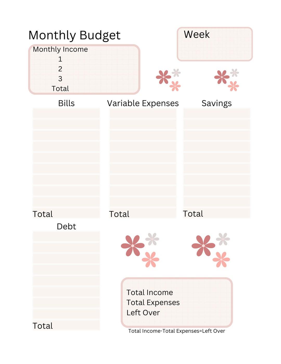 Monthly Bills Worksheet Expense Worksheet Monthly Budget - Etsy