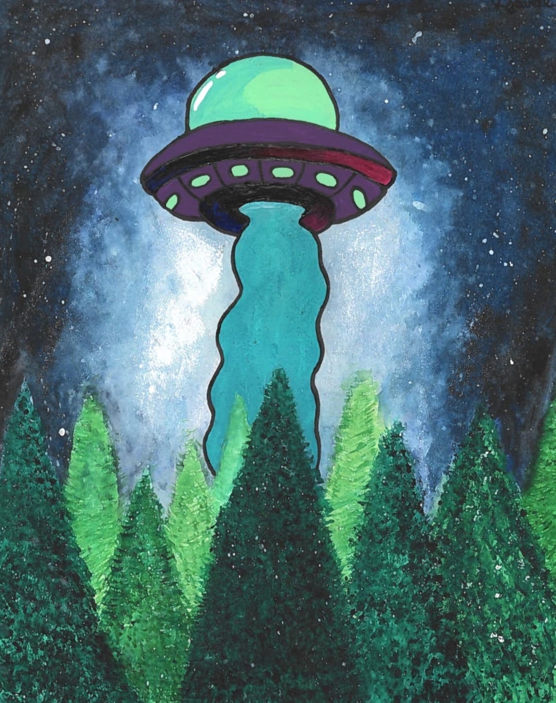 Aliens in the Night Sky UFO Acrylic Nature Painting - Etsy