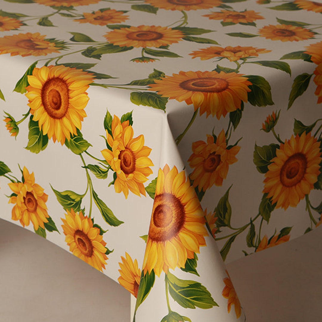 White Sunflowers Floral PVC Vinyl Wipe Clean Tablecloth - Wipe Clean ...