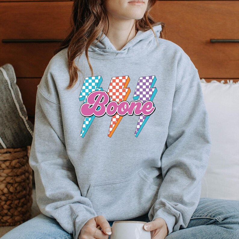Boone Lightning Bolt Hoodie: Retro 80s Checkered Graphic Pullover ...