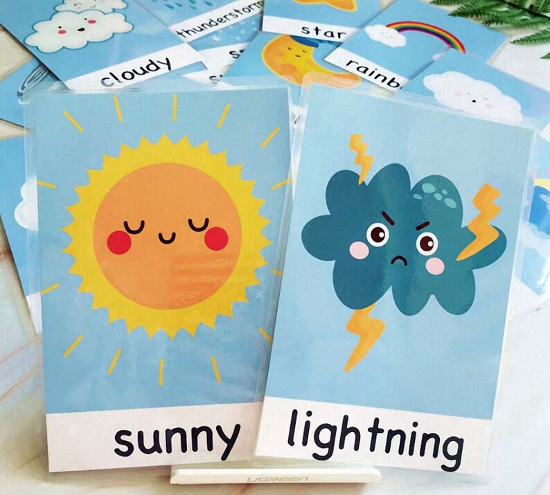 Weather Flash Cards Waterproof English Words Pocket Cards Kids Learning ...