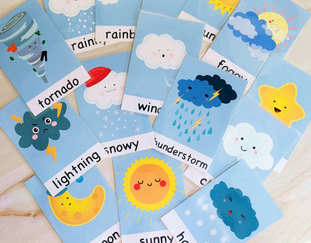 Weather Flash Cards Waterproof English Words Pocket Cards Kids Learning ...
