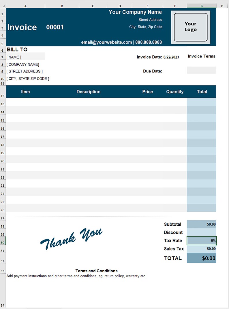 Business Invoice Template With Formulas. Minimalistic and - Etsy