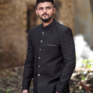 Hand Made Black Embroidered Raw Silk Prince Coat for Men Indian Wedding ...