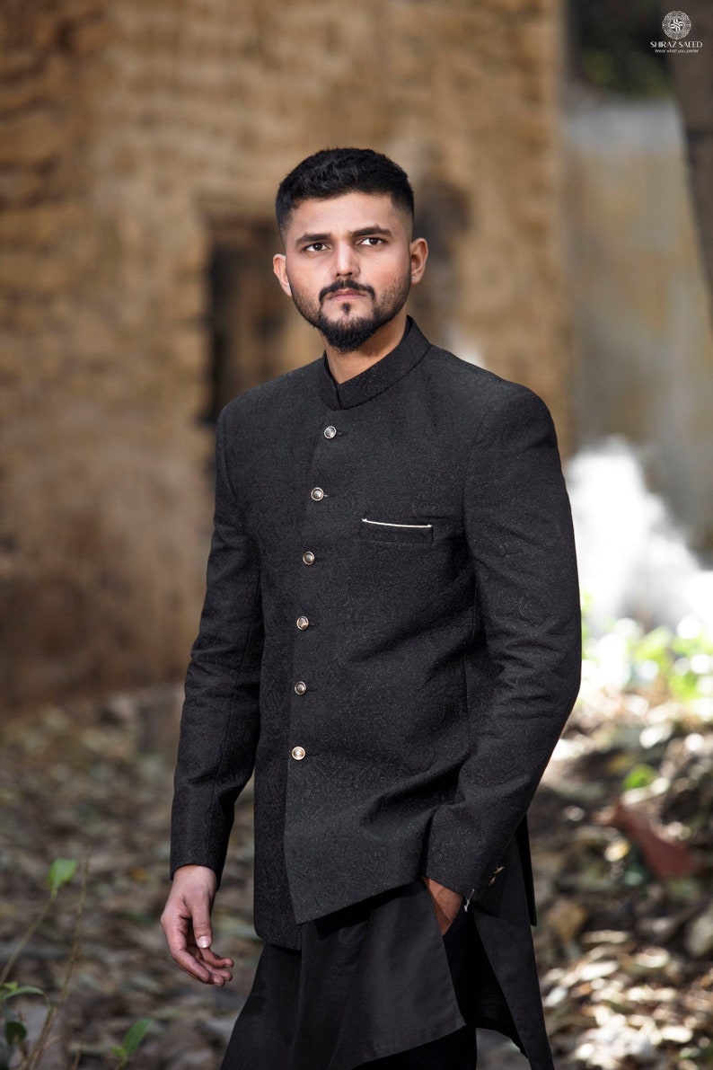 Hand Made Black Embroidered Raw Silk Prince Coat for Men Indian Wedding ...
