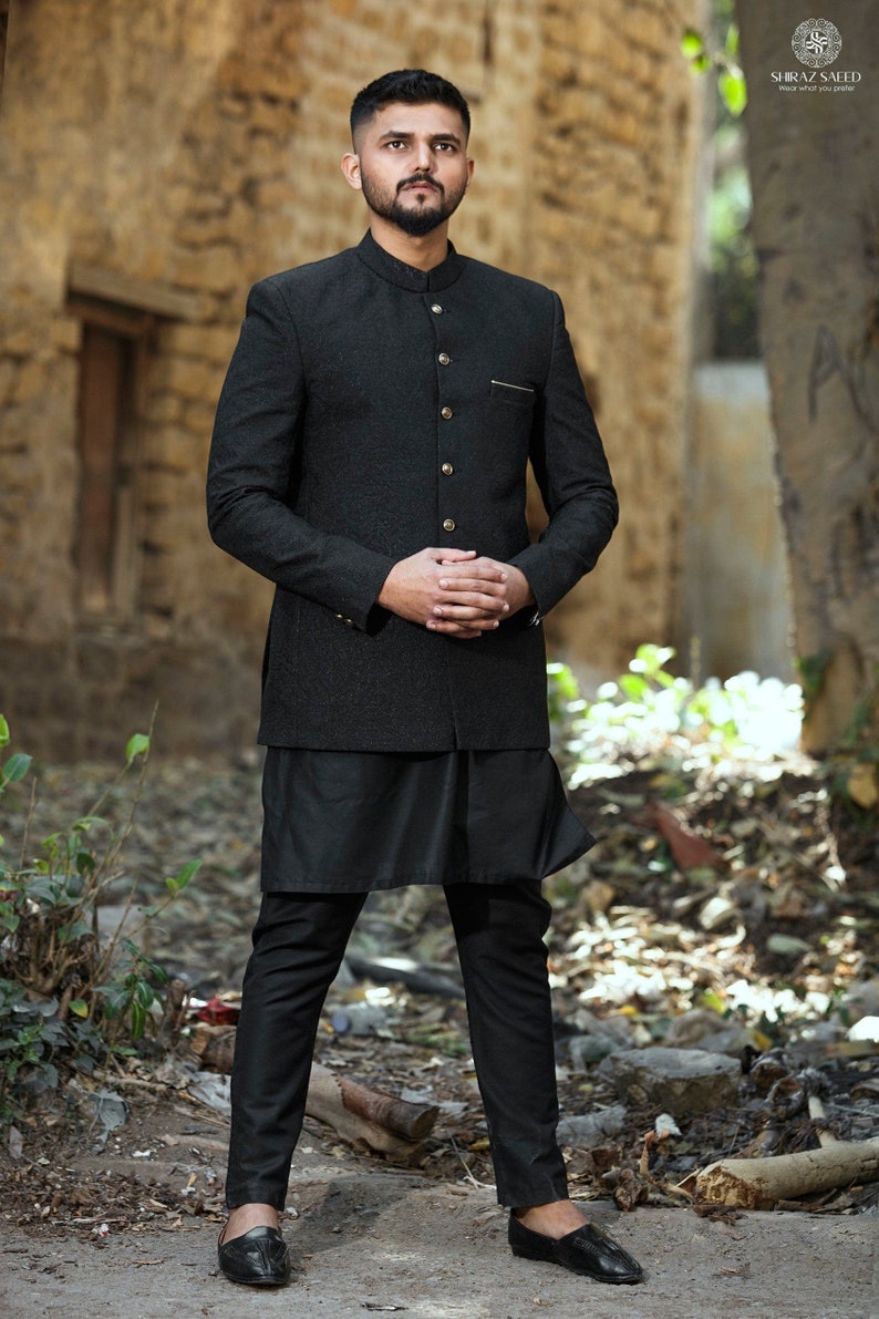 Hand Made Black Embroidered Raw Silk Prince Coat for Men Indian Wedding ...