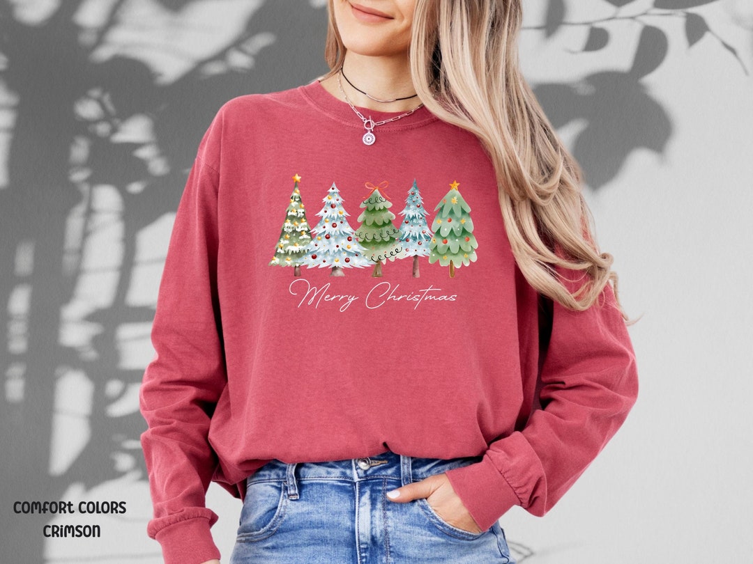 Merry Christmas Long Sleeve Comfort Colors Shirt , Cute Christmas Tree ...