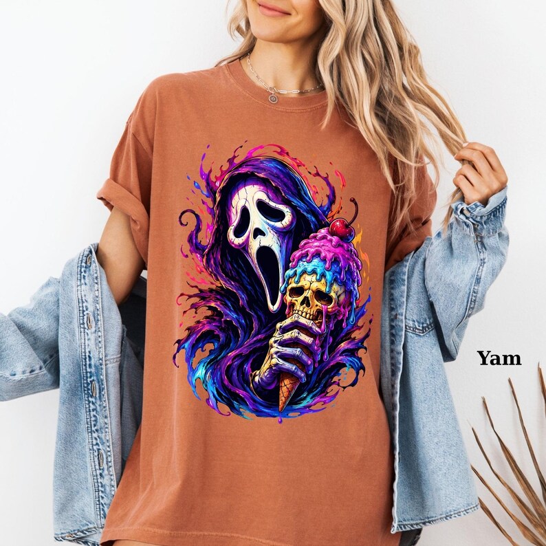 Neon Horror Ghost Ice Cream Cone Graphic, Colorful Melting Skull ...