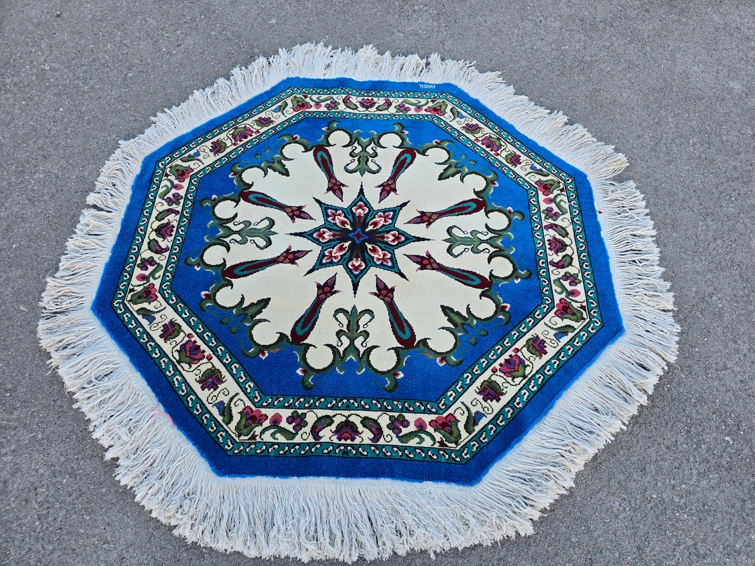 5 Ft Octagon Navy Blue Floral Rose Vintage Area Rug Handwoven Octagonal ...