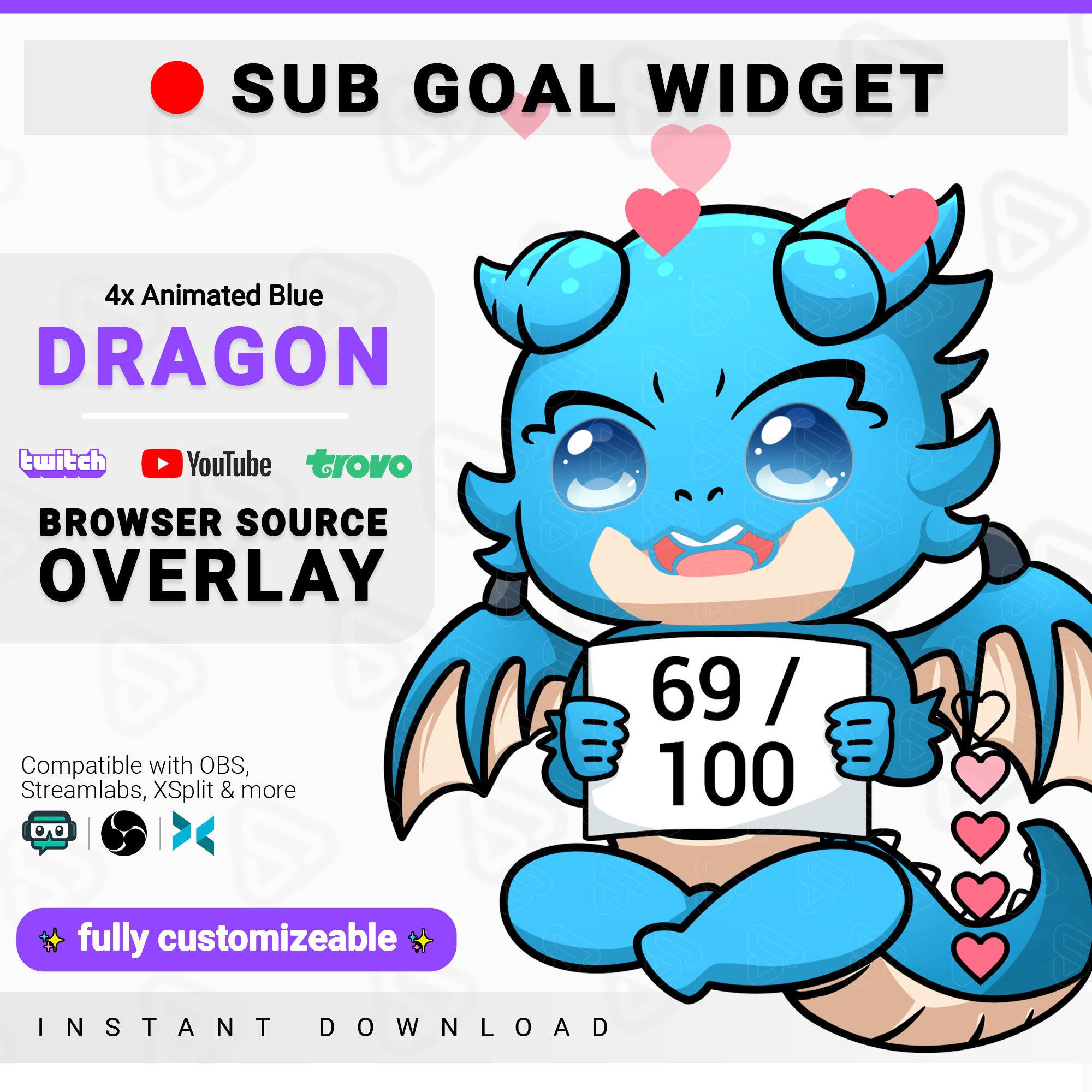 Twitch Sub Goal Widget Pet Cute Blue Dragon OBS Widget Overlay | Fully ...