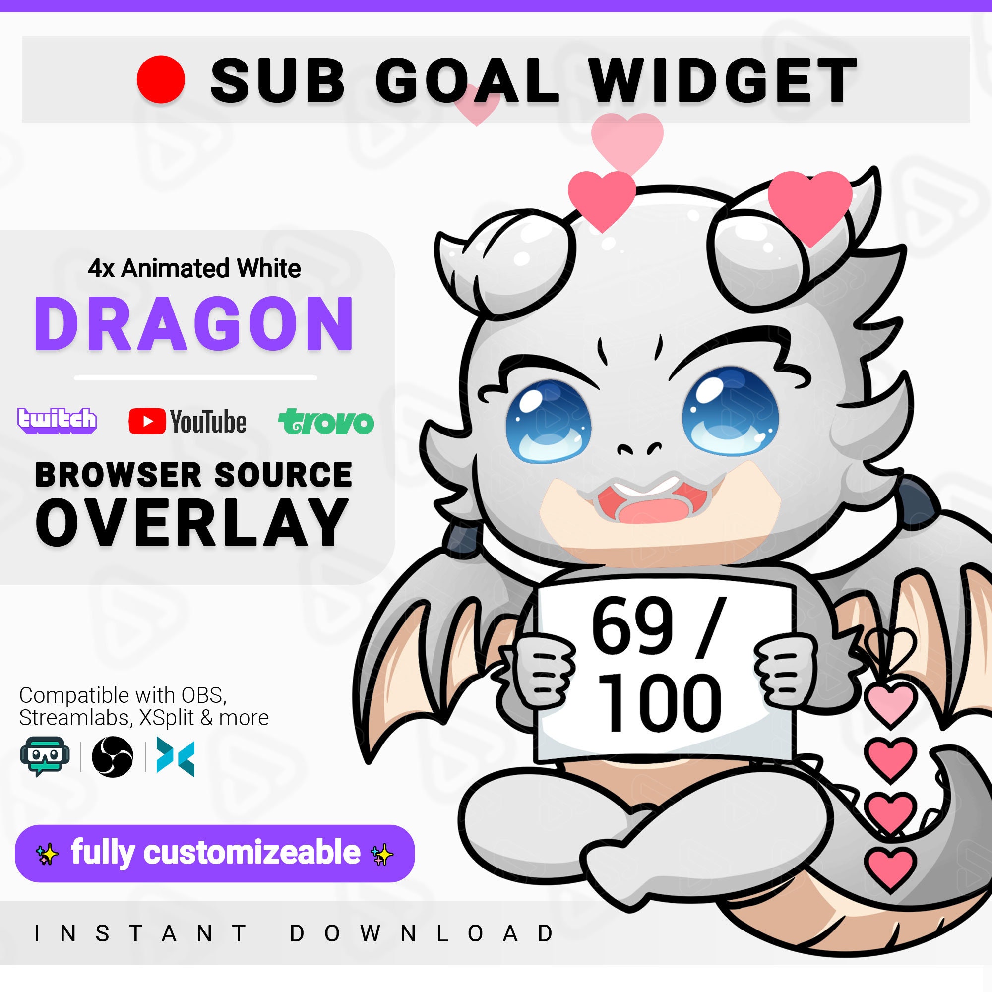 Twitch Sub Goal Widget Pet Cute White Dragon OBS Widget Overlay | Fully ...