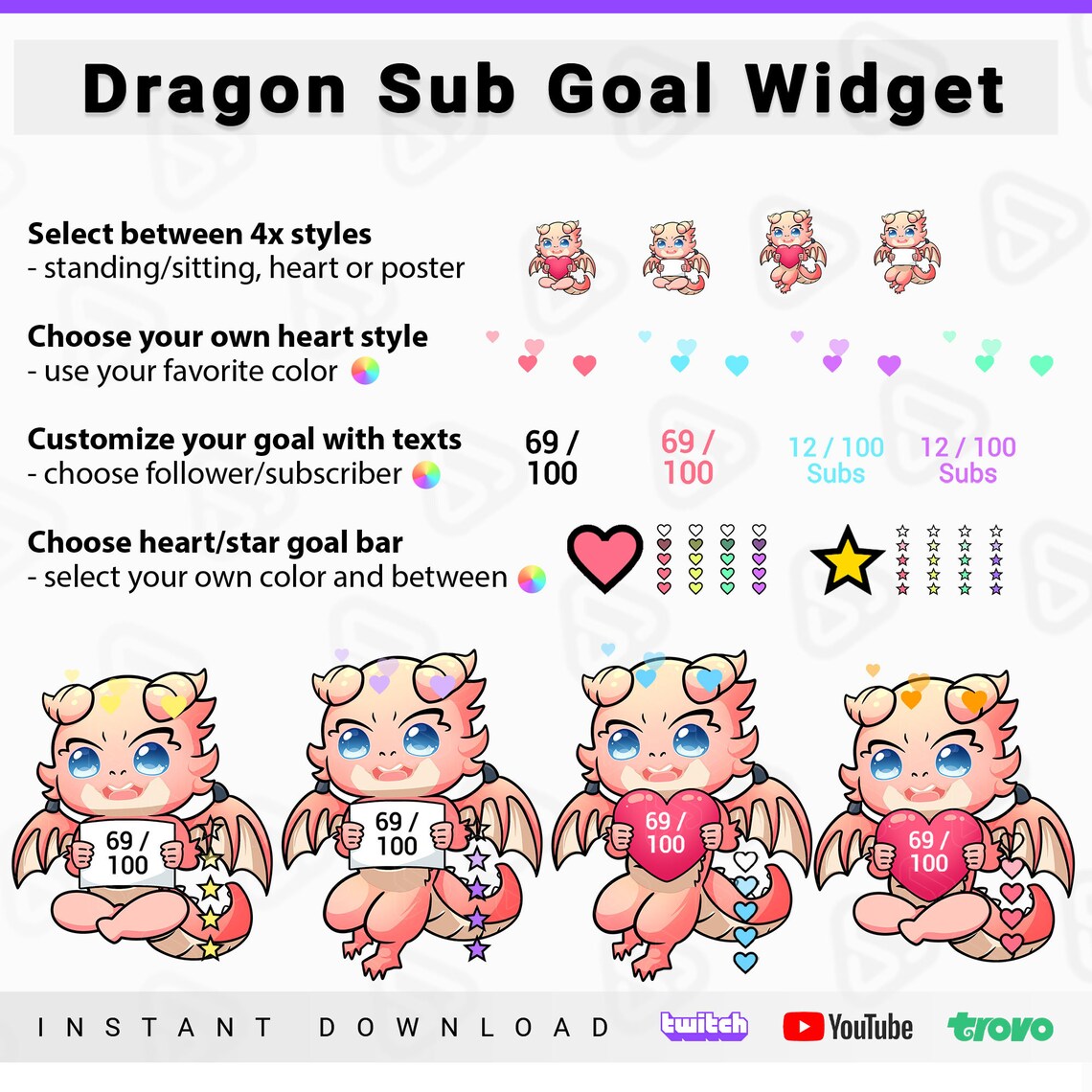 Twitch Sub Goal Widget Pet Cute Peach Dragon OBS Widget Overlay | Fully Customizable Stream ...