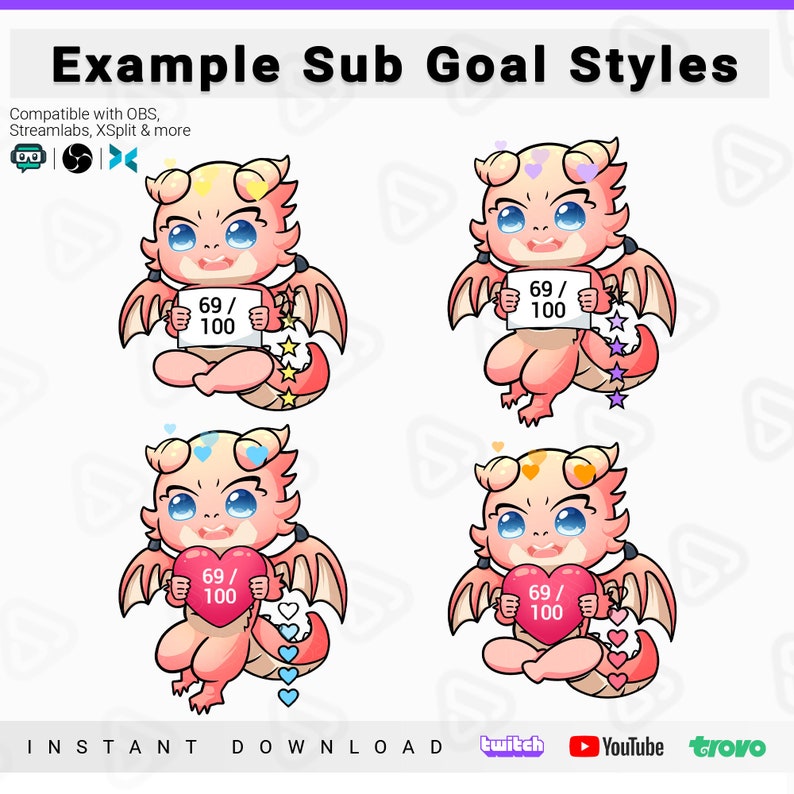 Twitch Sub Goal Widget Pet Cute Peach Dragon OBS Widget Overlay | Fully ...