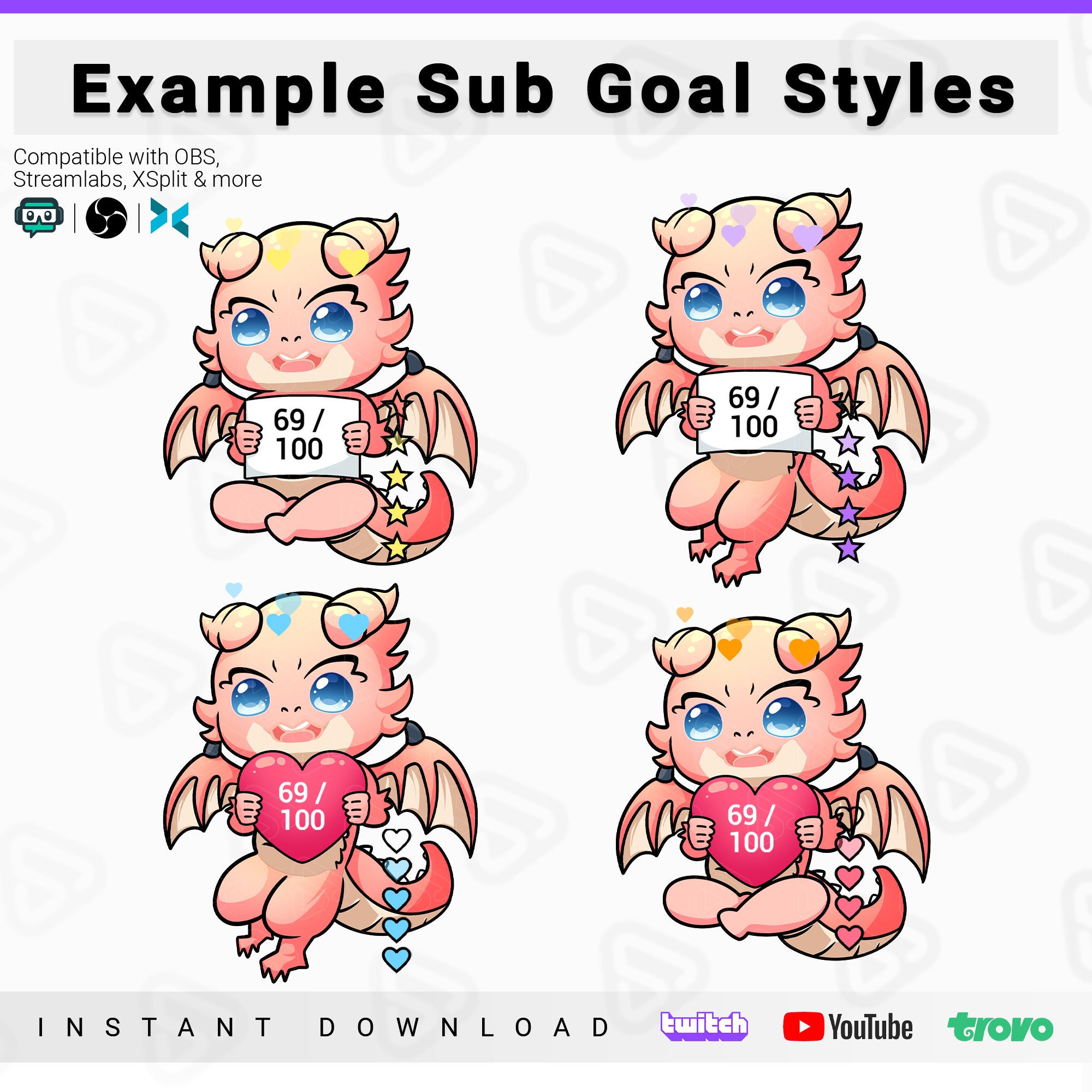 Twitch Sub Goal Widget Pet Cute Peach Dragon OBS Widget Overlay | Fully ...