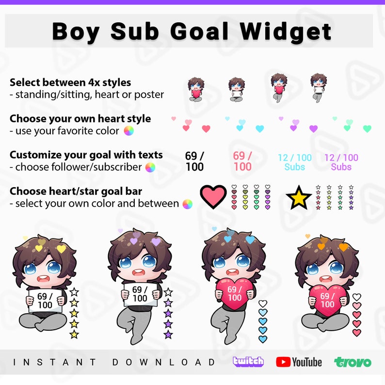 Twitch Sub Goal Widget Cute Boy Chibi OBS Widget Overlay Fully ...
