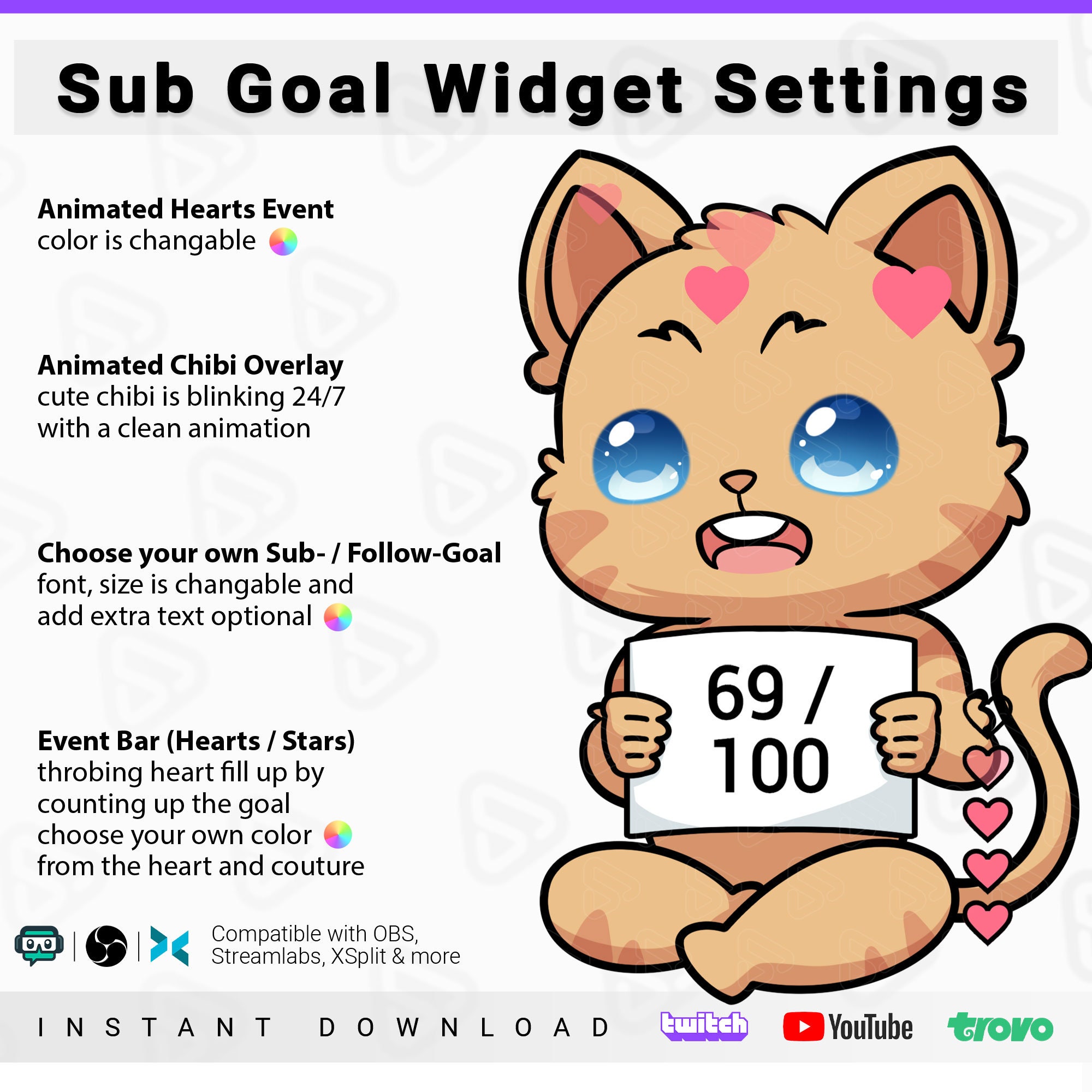 Twitch Sub Goal Widget Pet Cute Cat OBS Widget Overlay Fully Customizable Stream Widget Overlay ...