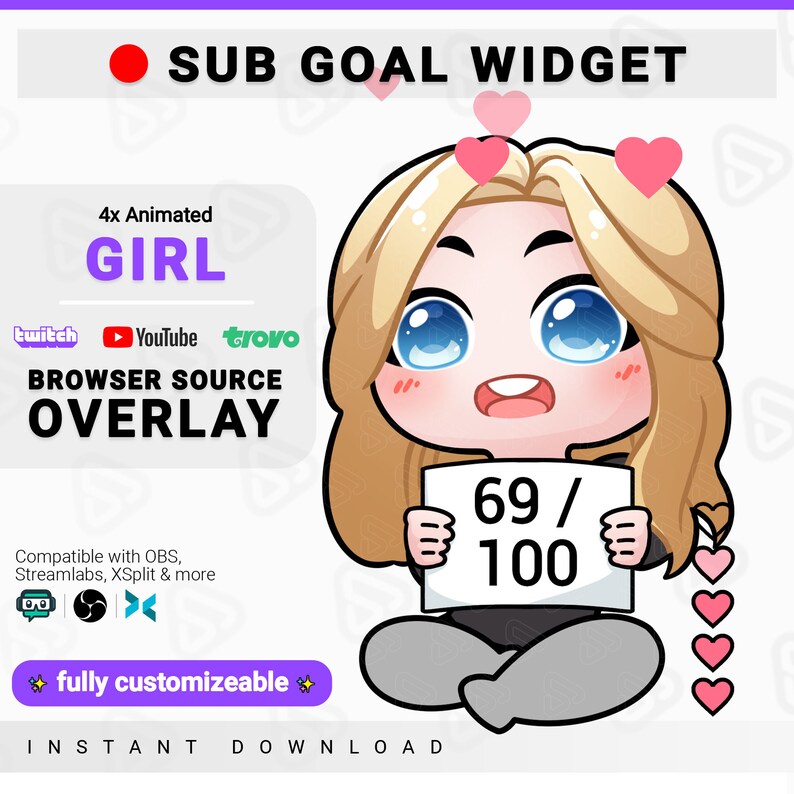 Twitch Sub Goal Widget Cute Girl Chibi OBS Widget Overlay Fully ...