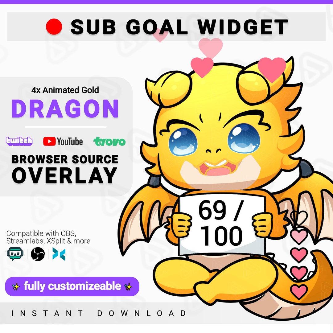 Twitch Sub Goal Widget Pet Cute Gold Dragon OBS Widget Overlay | Fully ...