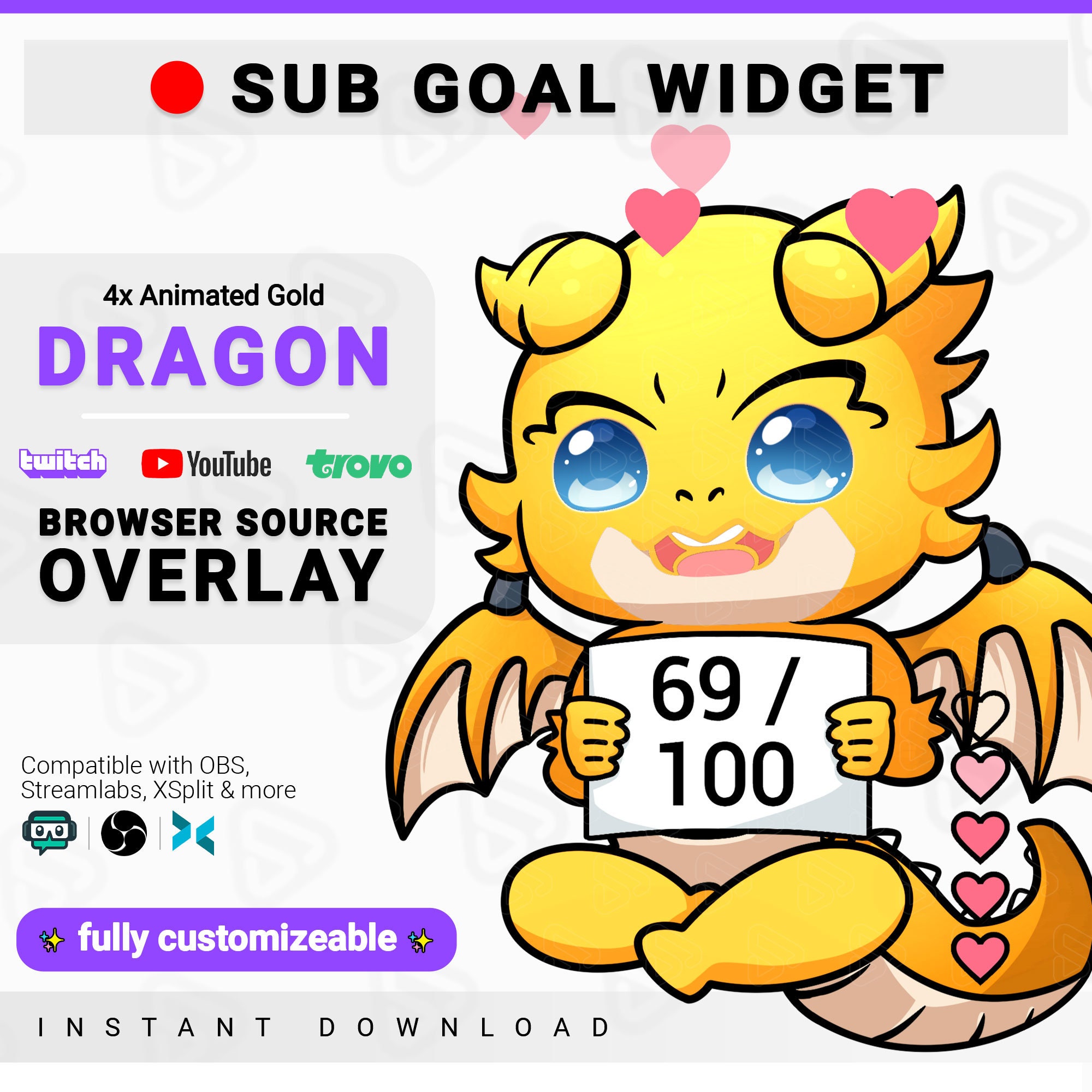 Twitch Sub Goal Widget Pet Cute Gold Dragon OBS Widget Overlay Fully ...