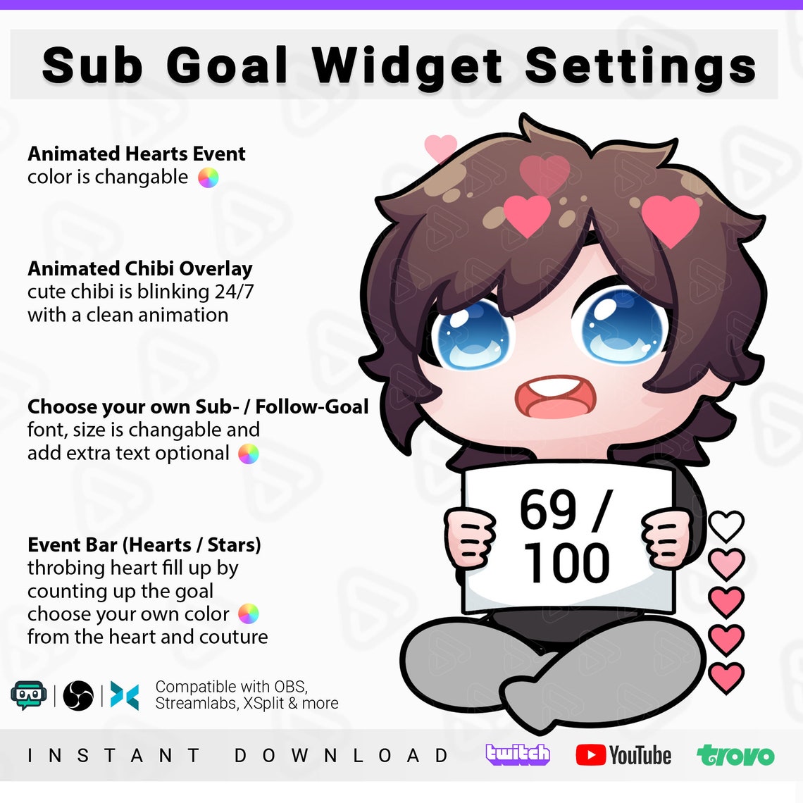 Twitch Sub Goal Widget Cute Boy Chibi OBS Widget Overlay Fully ...