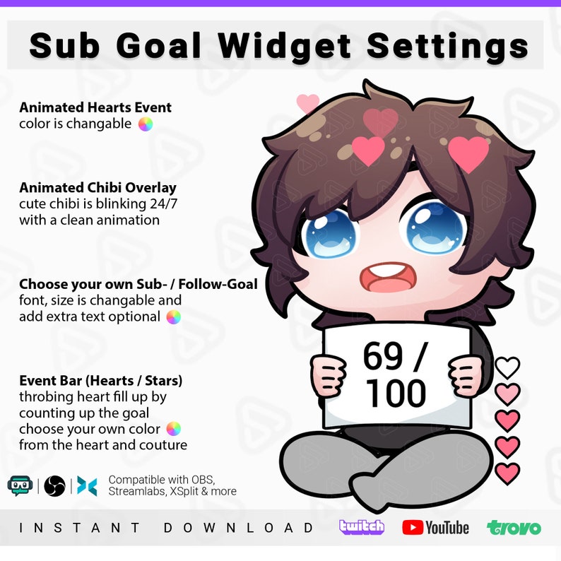 Twitch Sub Goal Widget Cute Boy Chibi OBS Widget Overlay Fully ...