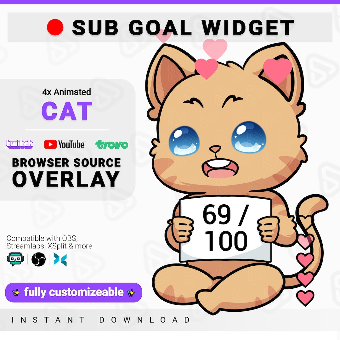 Twitch Sub Goal Widget Pet Cute Cat OBS Widget Overlay Fully ...
