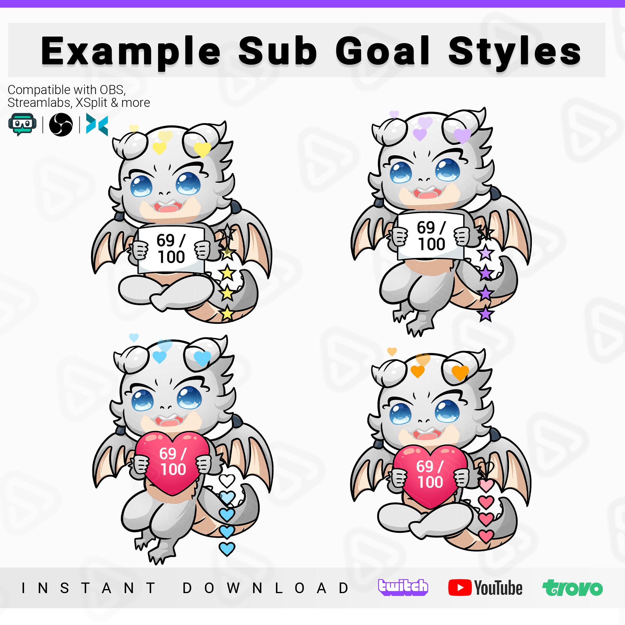 Twitch Sub Goal Widget Pet Cute White Dragon OBS Widget Overlay Fully ...