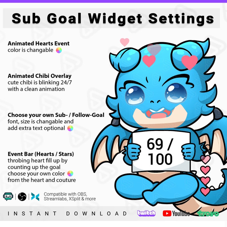 Twitch Sub Goal Widget Pet Cute Blue Dragon OBS Widget Overlay | Fully ...