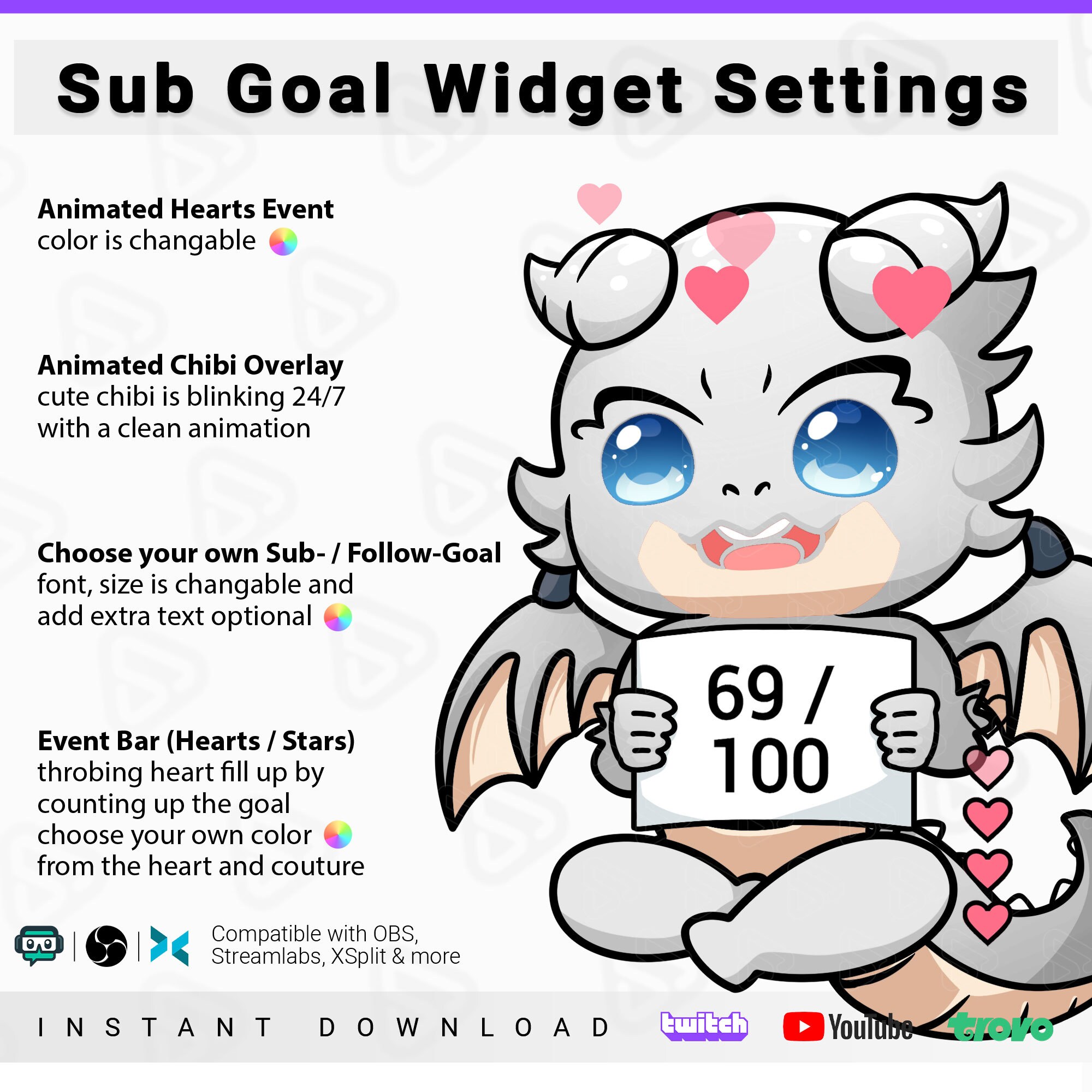 Twitch Sub Goal Widget Pet Cute White Dragon OBS Widget Overlay Fully ...